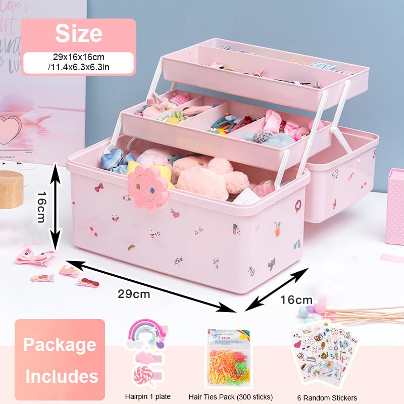 Hair Accessories Organizer for Girls Headbands, Hair Clips, Hair Ties Baby Girl Hair Supplies, Lockable Three-layer Folding Hair Craft Organizers and Storage Plastic Jewelry Box, 11.4x6.3x6.3in