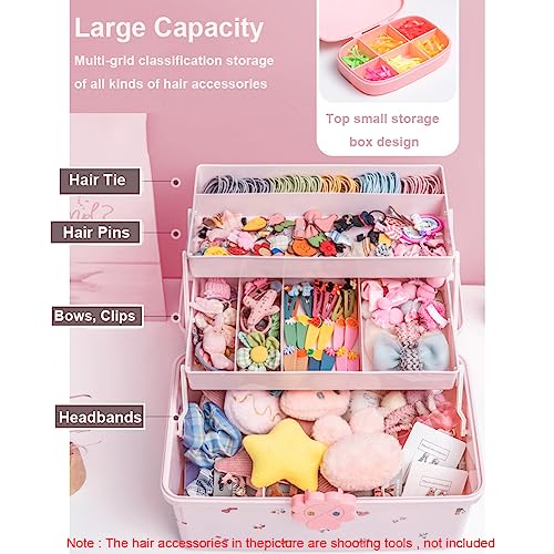 Hair Accessories Organizer for Girls Headbands, Hair Clips, Hair Ties Baby Girl Hair Supplies, Lockable Three-layer Folding Hair Craft Organizers and Storage Plastic Jewelry Box, 11.4x6.3x6.3in