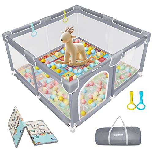 Regaloam Baby Playpen for Babies and Toddlers with Mat, 50 * 50inch Baby Playpen with Mat, Sturdy Safe Baby Play Yard with Soft Breathable Mesh, Play Pins with 2 Pulling Rings and Portable Bag