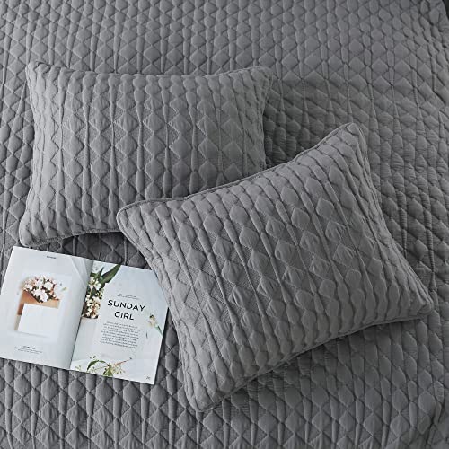 WDCOZY Dark Grey Quilt Queen Size Bedding Sets with Pillow Shams, Lightweight Soft Bedspread Coverlet, Quilted Blanket Thin Comforter Bed Cover, All Season Spring Summer, 3 Pieces, 90x90 inches