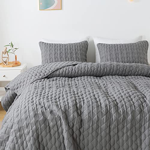 WDCOZY Dark Grey Quilt Queen Size Bedding Sets with Pillow Shams, Lightweight Soft Bedspread Coverlet, Quilted Blanket Thin Comforter Bed Cover, All Season Spring Summer, 3 Pieces, 90x90 inches