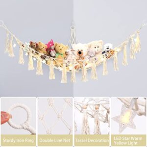 Large Stuffed Animal Hammock Net with LED Light, VeYocilk Boho Macrame Toy Net Hammock for Stuffed Animals Kids Nursery Bedroom Corner