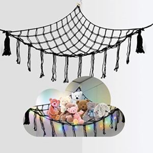 stuffed animal net or hammock with led light, animal hammock corner holder, toy plush net wall hanging net storage ideas organizer, for nursery play room kids bedroom (black)