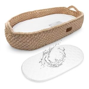 handmade baby changing basket with a soft changing pad and waterproof cover, cotton moses basket, changing table topper for dresser | boho bassinet, boho baby changing basket,baby lounger