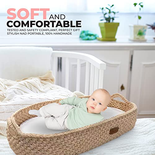 Handmade Baby Changing Basket with a Soft Changing Pad and Waterproof Cover, Cotton Moses Basket, Changing Table Topper for Dresser | Boho Bassinet, Boho Baby Changing Basket,Baby Lounger