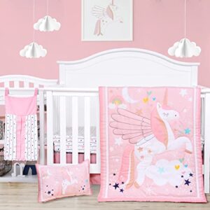 jisen 5 piece crib bedding set for girls unicorns baby girl bedding crib set nursery bedding sets - crib quilt crib sheet pillowcase crib skirt diaper stacker