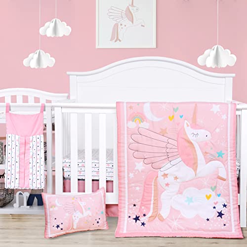 JISEN 5 Piece Crib Bedding Set for Girls Unicorns Baby Girl Bedding Crib Set Nursery Bedding Sets - Crib Quilt Crib Sheet Pillowcase Crib Skirt Diaper Stacker