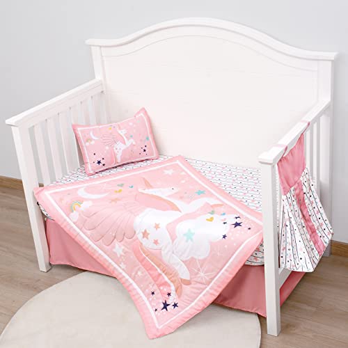 JISEN 5 Piece Crib Bedding Set for Girls Unicorns Baby Girl Bedding Crib Set Nursery Bedding Sets - Crib Quilt Crib Sheet Pillowcase Crib Skirt Diaper Stacker