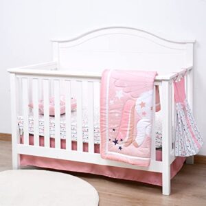 JISEN 5 Piece Crib Bedding Set for Girls Unicorns Baby Girl Bedding Crib Set Nursery Bedding Sets - Crib Quilt Crib Sheet Pillowcase Crib Skirt Diaper Stacker