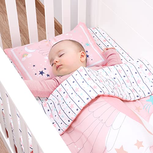 JISEN 5 Piece Crib Bedding Set for Girls Unicorns Baby Girl Bedding Crib Set Nursery Bedding Sets - Crib Quilt Crib Sheet Pillowcase Crib Skirt Diaper Stacker