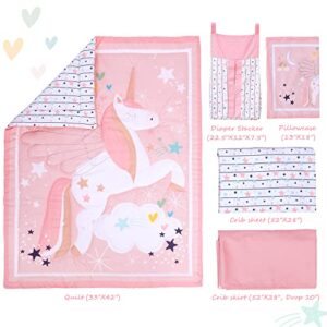 JISEN 5 Piece Crib Bedding Set for Girls Unicorns Baby Girl Bedding Crib Set Nursery Bedding Sets - Crib Quilt Crib Sheet Pillowcase Crib Skirt Diaper Stacker