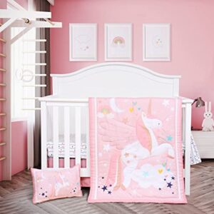 JISEN 5 Piece Crib Bedding Set for Girls Unicorns Baby Girl Bedding Crib Set Nursery Bedding Sets - Crib Quilt Crib Sheet Pillowcase Crib Skirt Diaper Stacker