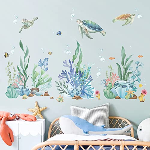 wondever Ocean Seaweed Grass Wall Stickers Turtle Under The Sea Peel and Stick Wall Art Decals for Baby Nursery Kids Bedroom Bathroom