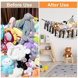 Stuffed Animal Net or Hammock with LED Light, Hanging Corner Net for Stuffed Animal Storage, Stuffed Animal Hammock Holder with 8 Photo Clips, Plushies Organizer for Bedroom Nursery Crib Kindergarten