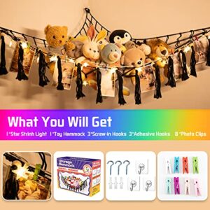 Stuffed Animal Net or Hammock with LED Light, Hanging Corner Net for Stuffed Animal Storage, Stuffed Animal Hammock Holder with 8 Photo Clips, Plushies Organizer for Bedroom Nursery Crib Kindergarten