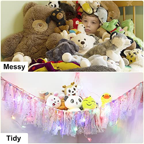 Stuffed Animal Net or Hammock with LED Light, Toy Hammock Hanging Stuffed Animal Storage Organizer Holder Room Décor with Tassels for Nursery Play Room Kids Bedroom