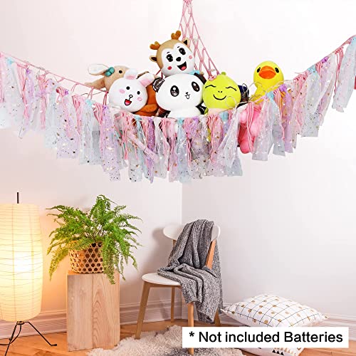 Stuffed Animal Net or Hammock with LED Light, Toy Hammock Hanging Stuffed Animal Storage Organizer Holder Room Décor with Tassels for Nursery Play Room Kids Bedroom