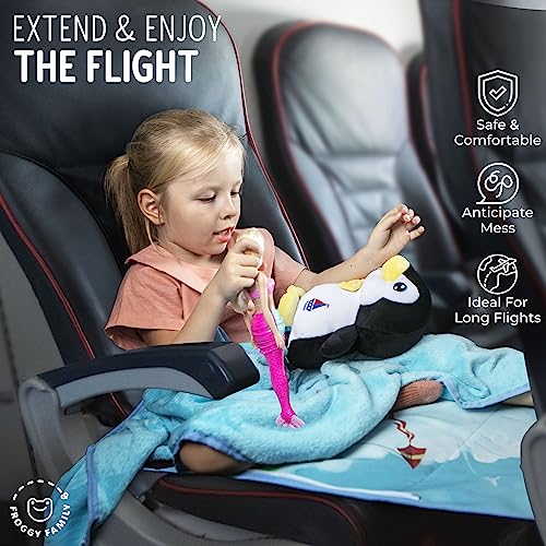 Froggy Family Airplane Seat Extender for Kids - Travel Bed for Baby with Built-in Sleeping Bag Function - Durable and Comfortable Airplane Bed for Toddler - Kids Travel Essentials for Flying Blue