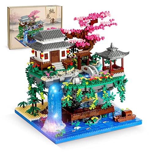 NEWABWN Peach Blossom Pond Micro Mini Building Blocks Set for Adults and Kids, Chinese Architecture Cherry Bonsai Tree Gift Toys with String Lights, Japanese Sakura Tree House Micro Bricks (3320PCS)