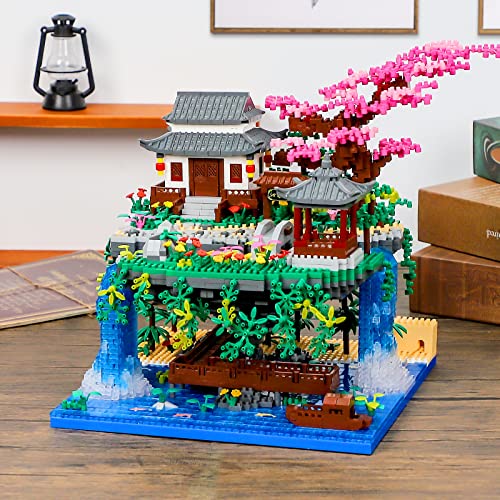 NEWABWN Peach Blossom Pond Micro Mini Building Blocks Set for Adults and Kids, Chinese Architecture Cherry Bonsai Tree Gift Toys with String Lights, Japanese Sakura Tree House Micro Bricks (3320PCS)