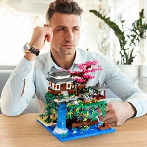 NEWABWN Peach Blossom Pond Micro Mini Building Blocks Set for Adults and Kids, Chinese Architecture Cherry Bonsai Tree Gift Toys with String Lights, Japanese Sakura Tree House Micro Bricks (3320PCS)