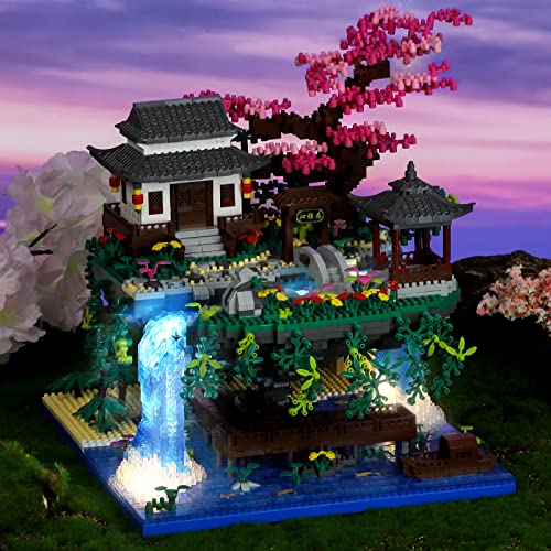 NEWABWN Peach Blossom Pond Micro Mini Building Blocks Set for Adults and Kids, Chinese Architecture Cherry Bonsai Tree Gift Toys with String Lights, Japanese Sakura Tree House Micro Bricks (3320PCS)