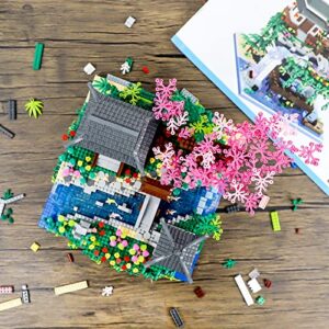 NEWABWN Peach Blossom Pond Micro Mini Building Blocks Set for Adults and Kids, Chinese Architecture Cherry Bonsai Tree Gift Toys with String Lights, Japanese Sakura Tree House Micro Bricks (3320PCS)