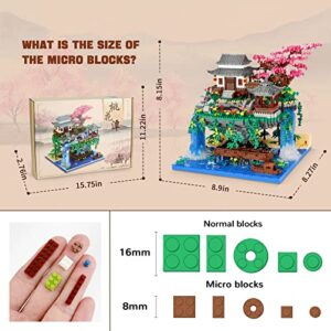 NEWABWN Peach Blossom Pond Micro Mini Building Blocks Set for Adults and Kids, Chinese Architecture Cherry Bonsai Tree Gift Toys with String Lights, Japanese Sakura Tree House Micro Bricks (3320PCS)