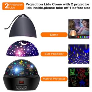 Kid Light Projector Superhero Toys for Boys 5-7 Avengers Night Light Projector with Timer for Kids Room, 360 Degree Rotation Toddler Nightlights with Spiderman Figurine Lamps and Star Projection Lamp