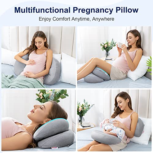 AngQi Pregnancy Pillows for Sleeping,Side Sleeper Pregnancy Wedge Pillows, Double Wedge for Body, Belly, Back Support,Maternity Pillow with Removable and Adjustable Cooling Silky Cotton Cover, Grey