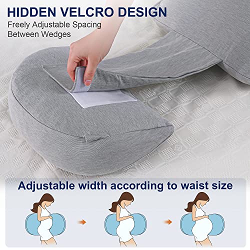 AngQi Pregnancy Pillows for Sleeping,Side Sleeper Pregnancy Wedge Pillows, Double Wedge for Body, Belly, Back Support,Maternity Pillow with Removable and Adjustable Cooling Silky Cotton Cover, Grey