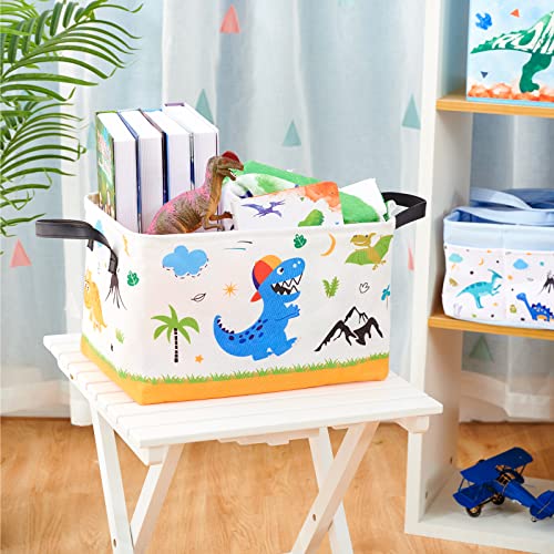 WERNNSAI Dinosaur Storage Basket – Foldable Storage Bin for Boys Waterproof PE Coating Canvas Fabric Laundry Basket Toy Bins with Handles Organizer Box for Clothes Books Bedroom House Nursery