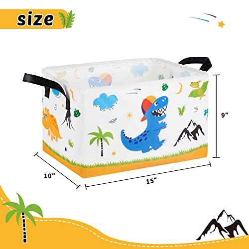 WERNNSAI Dinosaur Storage Basket – Foldable Storage Bin for Boys Waterproof PE Coating Canvas Fabric Laundry Basket Toy Bins with Handles Organizer Box for Clothes Books Bedroom House Nursery