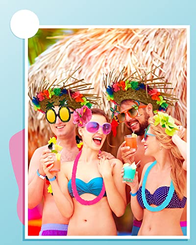 SATINIOR 84 Pieces Hawaiian Luau Party Accessories Hawaiian Leis Bulk Beachcomber Straw Hat Luau Party Sunglasses Tropical Flower Hair Clips and Plastic Leis Set for Summer Beach Costume Supplies