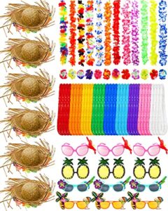 satinior 84 pieces hawaiian luau party accessories hawaiian leis bulk beachcomber straw hat luau party sunglasses tropical flower hair clips and plastic leis set for summer beach costume supplies