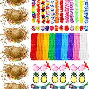 SATINIOR 84 Pieces Hawaiian Luau Party Accessories Hawaiian Leis Bulk Beachcomber Straw Hat Luau Party Sunglasses Tropical Flower Hair Clips and Plastic Leis Set for Summer Beach Costume Supplies