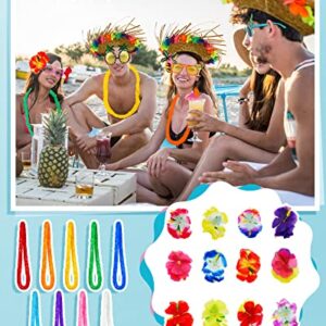 SATINIOR 84 Pieces Hawaiian Luau Party Accessories Hawaiian Leis Bulk Beachcomber Straw Hat Luau Party Sunglasses Tropical Flower Hair Clips and Plastic Leis Set for Summer Beach Costume Supplies