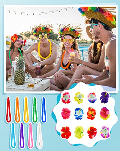 SATINIOR 84 Pieces Hawaiian Luau Party Accessories Hawaiian Leis Bulk Beachcomber Straw Hat Luau Party Sunglasses Tropical Flower Hair Clips and Plastic Leis Set for Summer Beach Costume Supplies