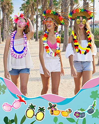 SATINIOR 84 Pieces Hawaiian Luau Party Accessories Hawaiian Leis Bulk Beachcomber Straw Hat Luau Party Sunglasses Tropical Flower Hair Clips and Plastic Leis Set for Summer Beach Costume Supplies