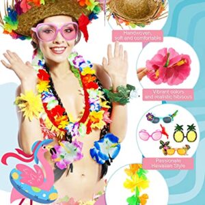 SATINIOR 84 Pieces Hawaiian Luau Party Accessories Hawaiian Leis Bulk Beachcomber Straw Hat Luau Party Sunglasses Tropical Flower Hair Clips and Plastic Leis Set for Summer Beach Costume Supplies