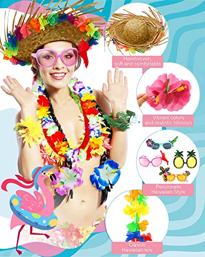 SATINIOR 84 Pieces Hawaiian Luau Party Accessories Hawaiian Leis Bulk Beachcomber Straw Hat Luau Party Sunglasses Tropical Flower Hair Clips and Plastic Leis Set for Summer Beach Costume Supplies