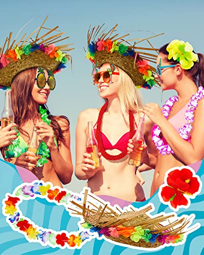 SATINIOR 84 Pieces Hawaiian Luau Party Accessories Hawaiian Leis Bulk Beachcomber Straw Hat Luau Party Sunglasses Tropical Flower Hair Clips and Plastic Leis Set for Summer Beach Costume Supplies