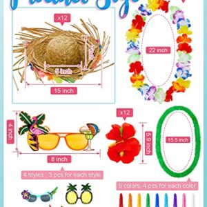 SATINIOR 84 Pieces Hawaiian Luau Party Accessories Hawaiian Leis Bulk Beachcomber Straw Hat Luau Party Sunglasses Tropical Flower Hair Clips and Plastic Leis Set for Summer Beach Costume Supplies