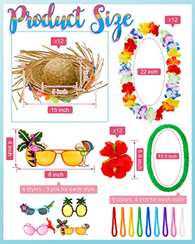 SATINIOR 84 Pieces Hawaiian Luau Party Accessories Hawaiian Leis Bulk Beachcomber Straw Hat Luau Party Sunglasses Tropical Flower Hair Clips and Plastic Leis Set for Summer Beach Costume Supplies