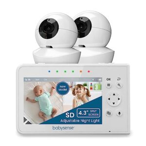 babysense upgraded video baby monitor, 4.3" split screen with two cameras and adjustable night light, remote pan & tilt, long range, two-way audio, zoom, night vision, lullabies & white noise