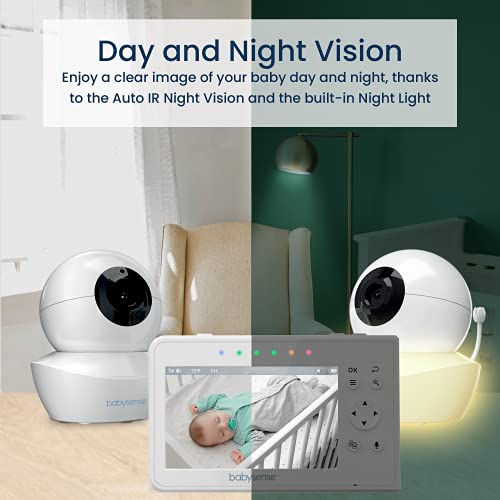 Babysense Upgraded Video Baby Monitor, 4.3" Split Screen with Two Cameras and Adjustable Night Light, Remote Pan & Tilt, Long Range, Two-Way Audio, Zoom, Night Vision, Lullabies & White Noise