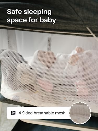 Earth&ME Baby Bassinet Bedside Sleeper with Rocking - All Mesh Portable Bedside Crib for Safe Co-Sleeping, Storage Basket and Wheels, Adjustable Height, Includes Travel Bag, Mosquito Net