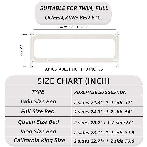 TIOPSUUO Bed Rails for Toddlers - Height Adjustable Bed Rails for Queen Bed, Bed Rails for King Size Bed Guard Rail for Toddlers, Baby Bed Rail Guard, Bed Rail for Twin Bed(1 Side 79'' ×27‘’)