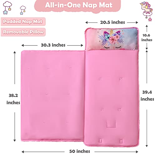 KINBEDY Pink Unicorn Toddler Nap Mat for Daycare Preschool Girls Floral Kids Sleeping Mat Pad Toddler Bedding Set Portable Baby Sleeping Bag with Pillow and Blanket for Travel Camping Outdoor