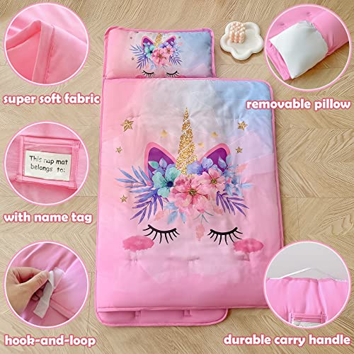 KINBEDY Pink Unicorn Toddler Nap Mat for Daycare Preschool Girls Floral Kids Sleeping Mat Pad Toddler Bedding Set Portable Baby Sleeping Bag with Pillow and Blanket for Travel Camping Outdoor